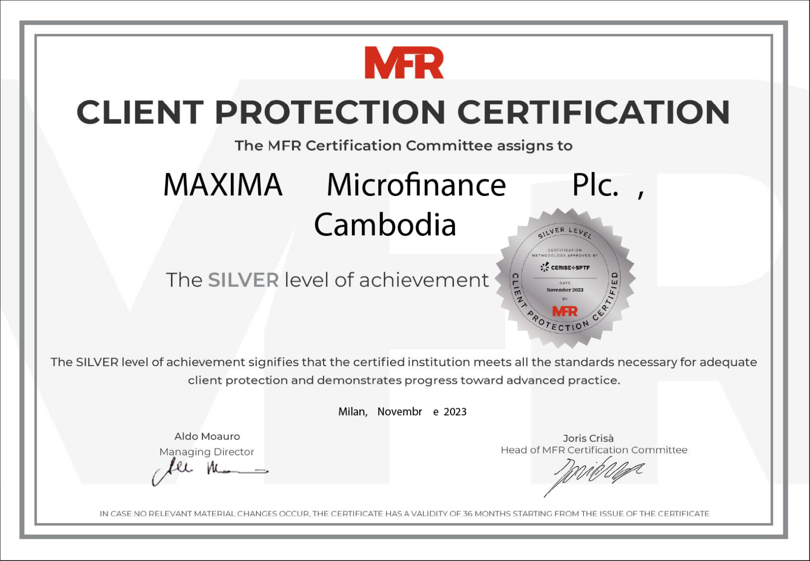 Client Protection Certification | MAXIMA Microfinance